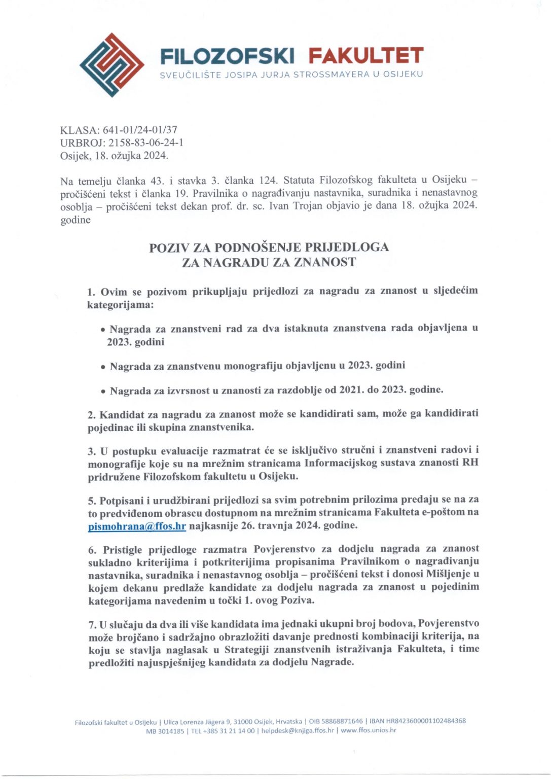Poziv za podnošenje prijedloga za nagradu za znanost - Filozofski fakultet Osijek